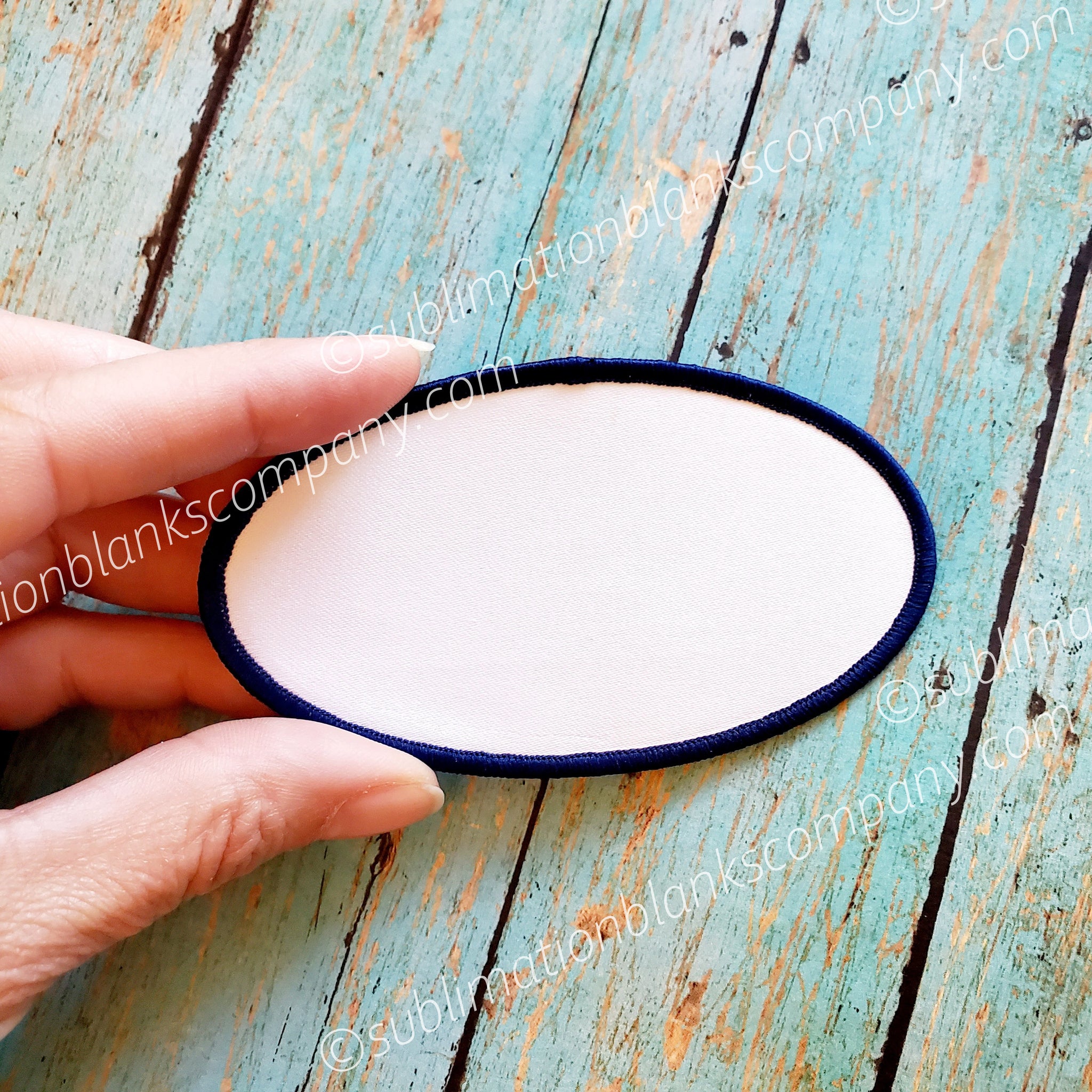 Oval Hat Patch Sublimation Blank with Navy Blue Trim – Sublimation Blanks Company